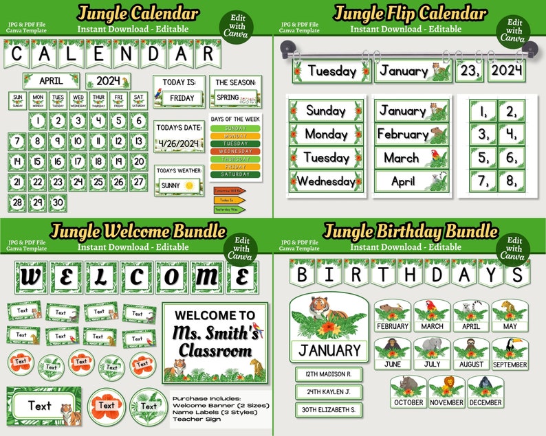 Jungle Animals Classroom Decor Bundle: Printable Editable Templates ...