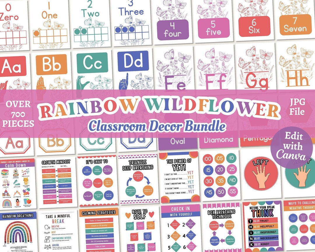 Rainbow Wildflower Classroom Decor Bundle: Editable Canva Templates ...