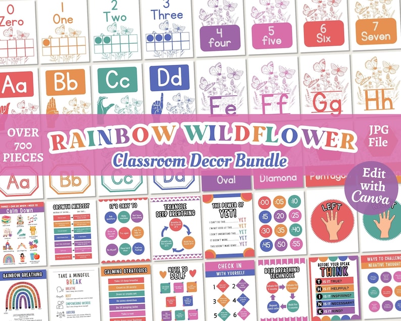 Rainbow Wildflower Classroom Decor Bundle: Editable Canva Templates ...