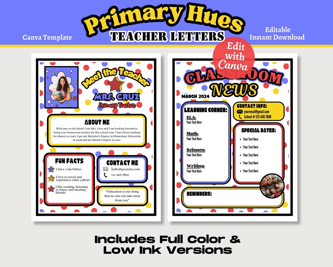 Primary Hues Meet the Teacher, Printable & Editable Classroom ...