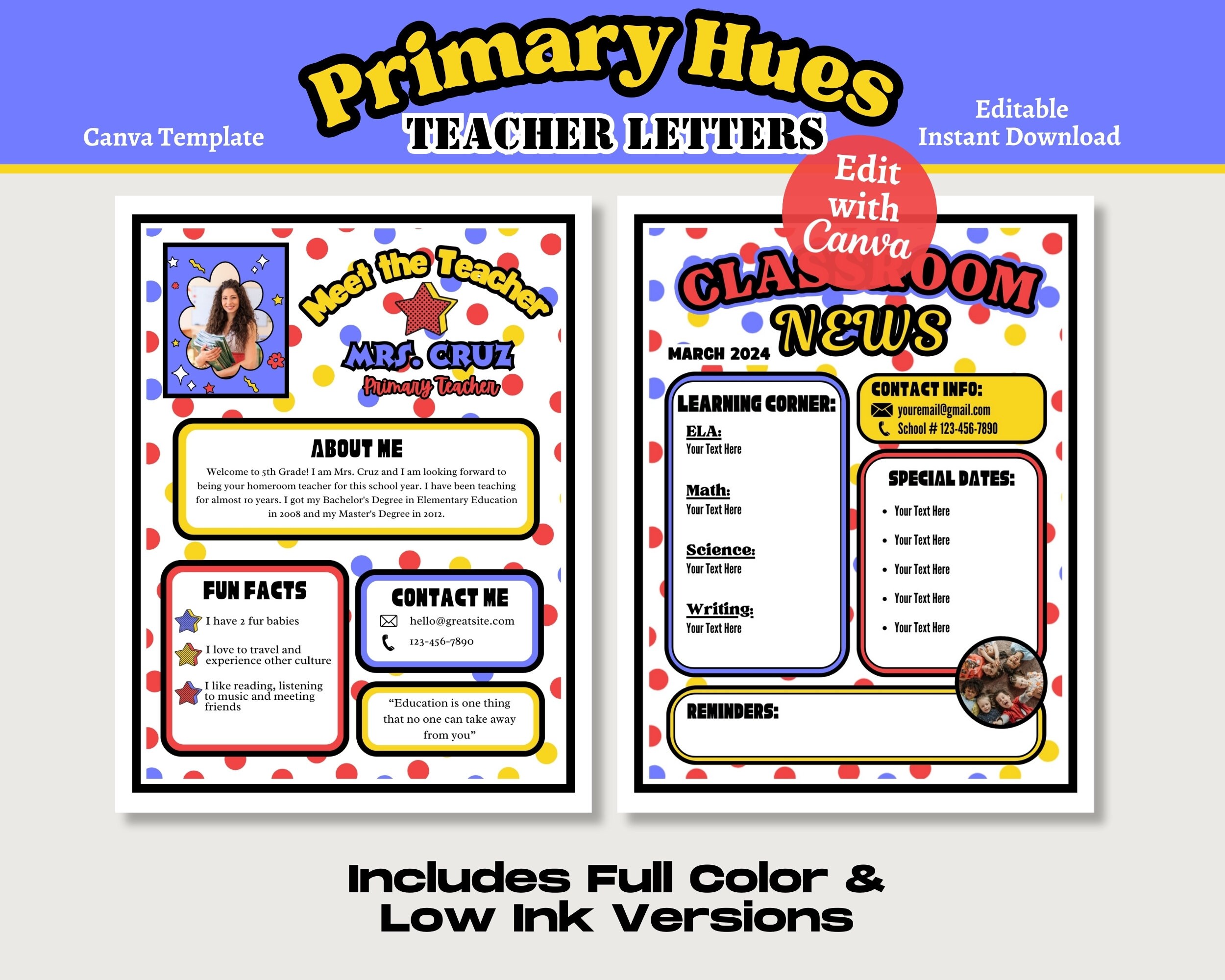 Primary Hues Meet the Teacher, Printable & Editable Classroom ...