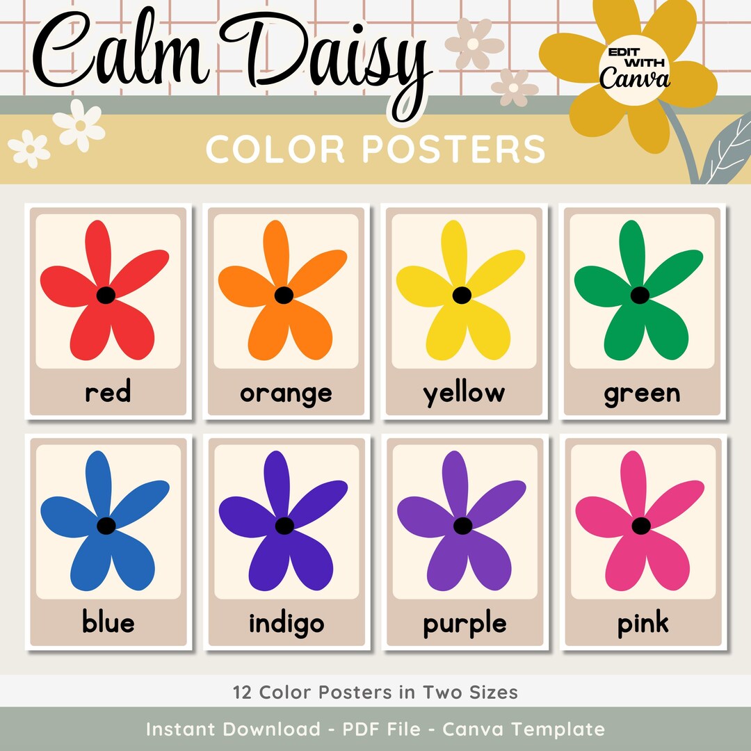 Boho Modern Color Posters, Printable Flower Color Prints, Editable Calm ...