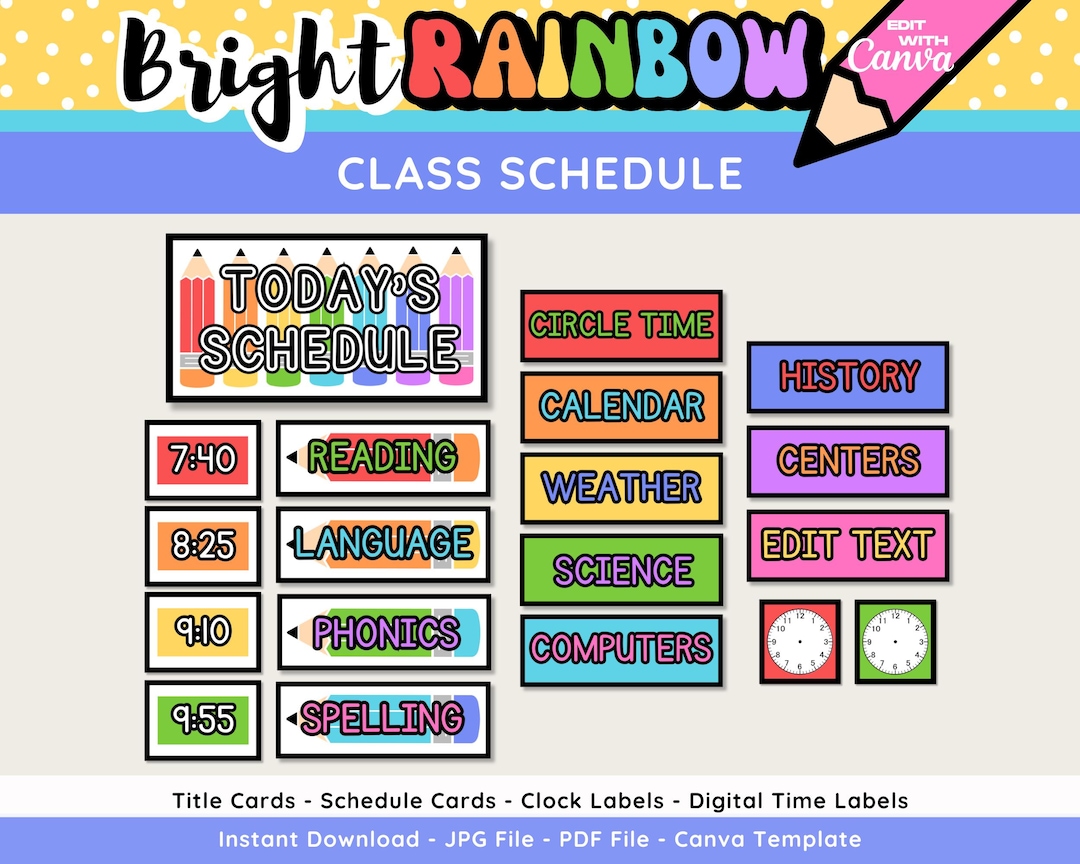 Bright Rainbow Class Schedule, Editable Classroom Schedule Display ...