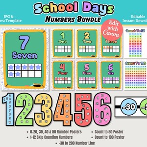School Theme Numbers Bundle, Printable & Editable Number Frame Posters ...