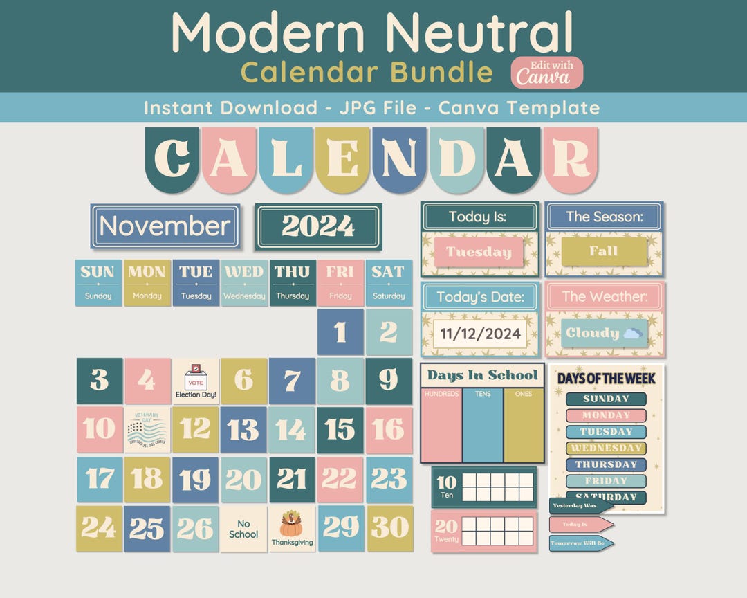 Modern Neutral Classroom Calendar Display: Editable Canva Template (JPG ...
