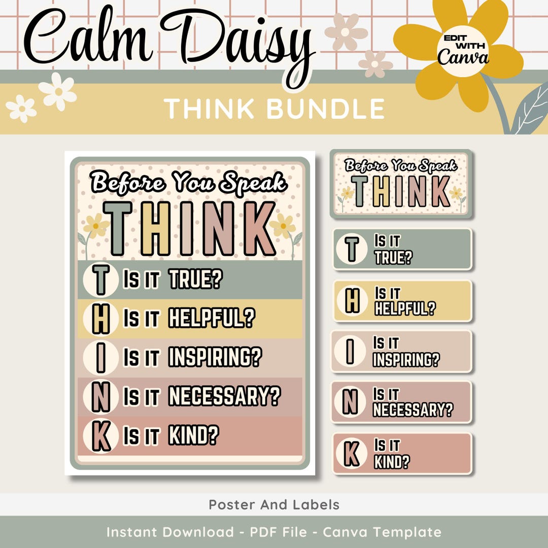 Before You Speak Think Poster, Printable Think Labels, Editable Neutral ...
