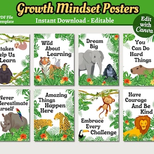 Jungle Growth Mindset Posters, Printable Kids Motivational Poster ...