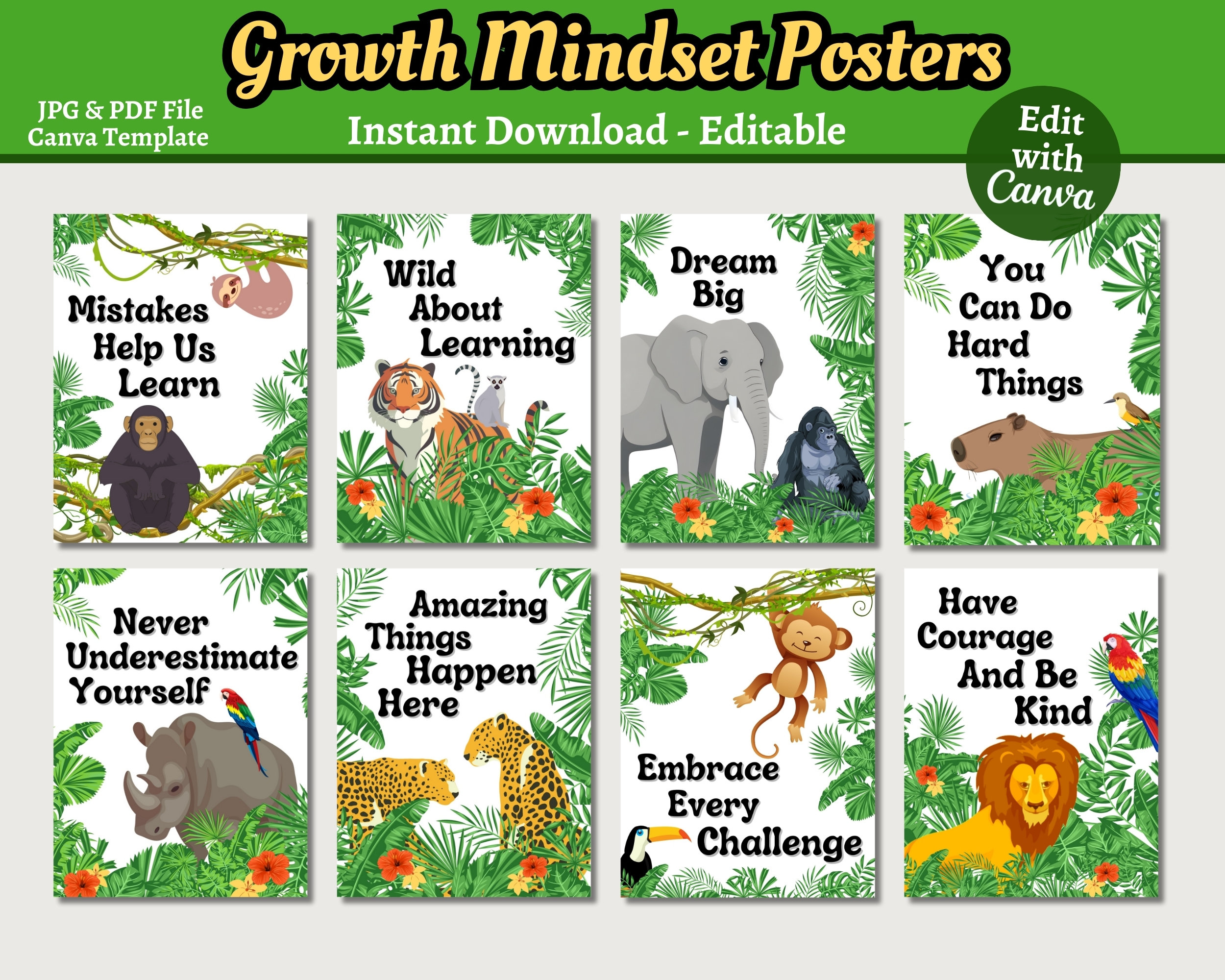 Jungle Growth Mindset Posters, Printable Kids Motivational Poster ...