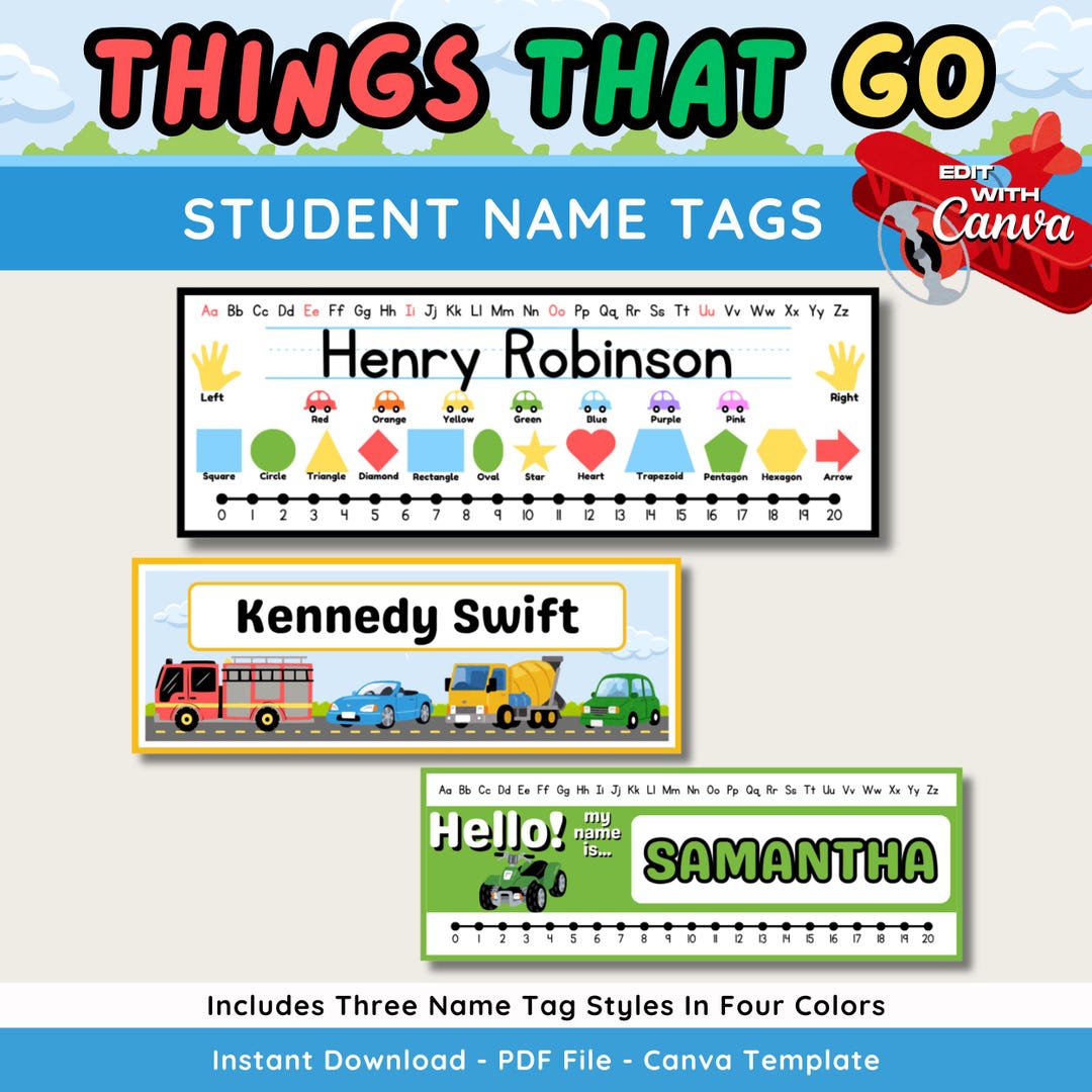 Transportation Student Name Tags: Editable Desk Plates Canva Template ...