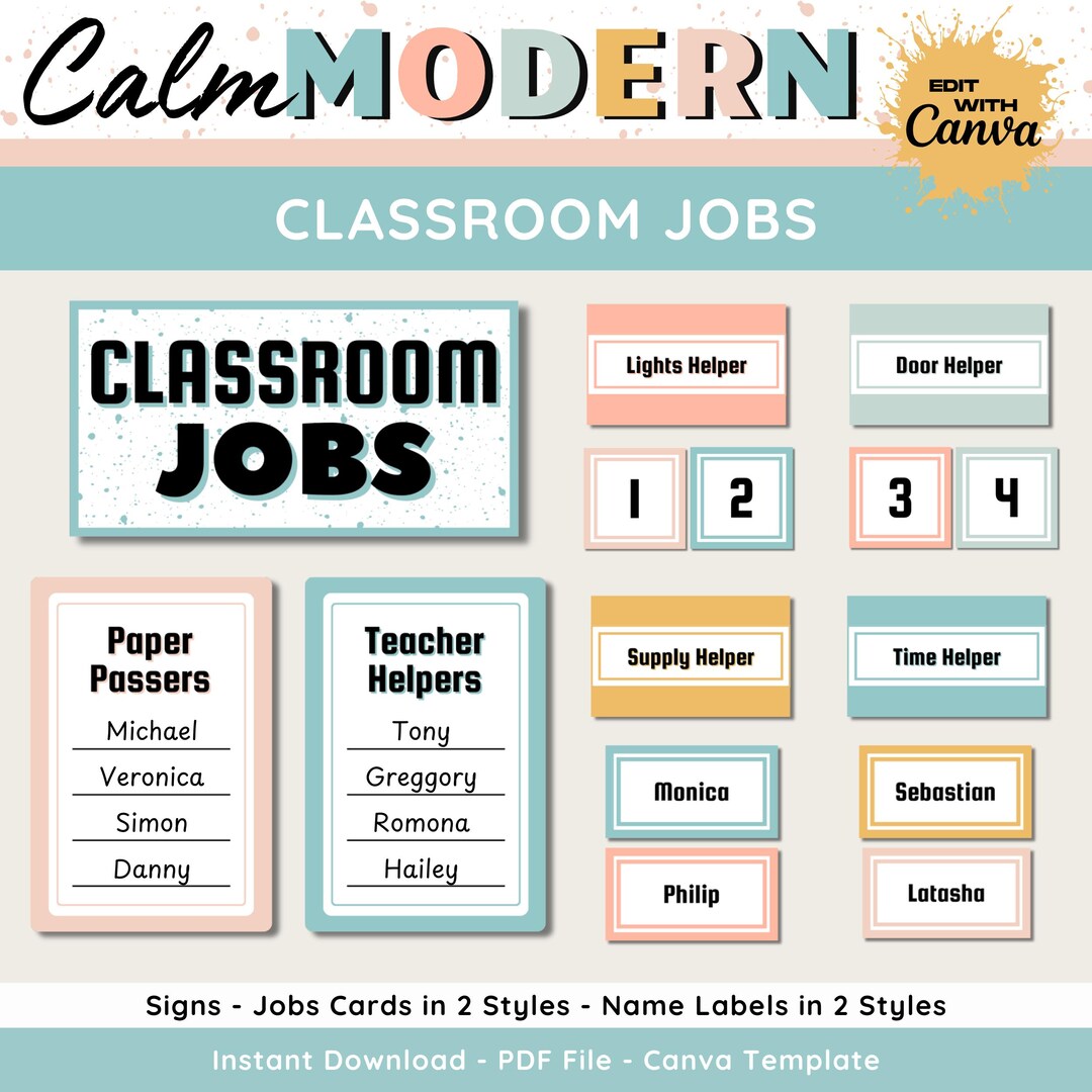 Calm Modern Classroom Jobs Display, Printable & Editable Student ...