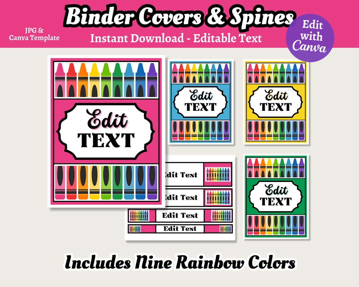 Rainbow Crayon Binder Covers & Spines, Editable Binder Covers, Canva ...