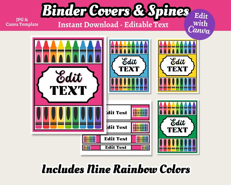 Rainbow Crayon Binder Covers & Spines, Editable Binder Covers, Canva ...