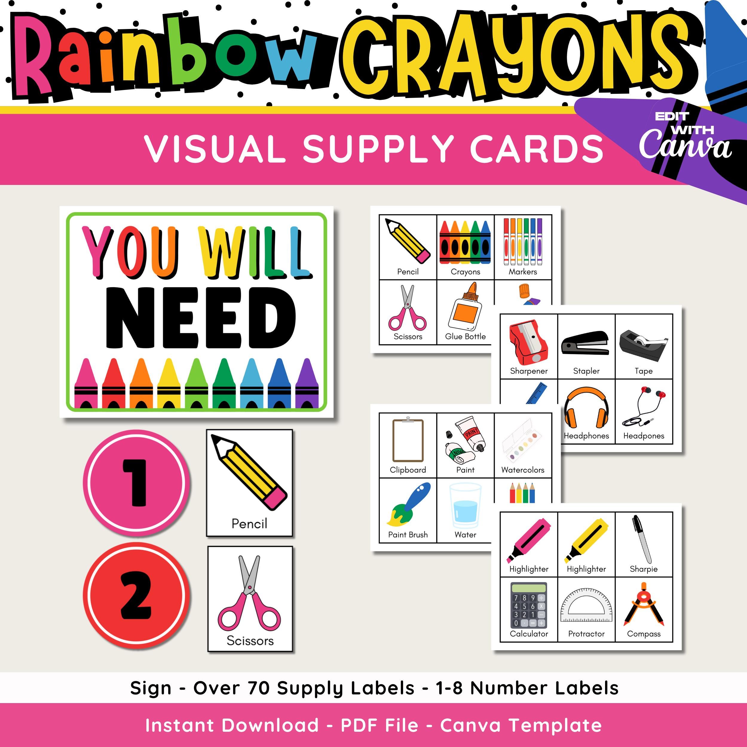 Rainbow Visual Supply Cards, Printable & Editable Student Instructions ...
