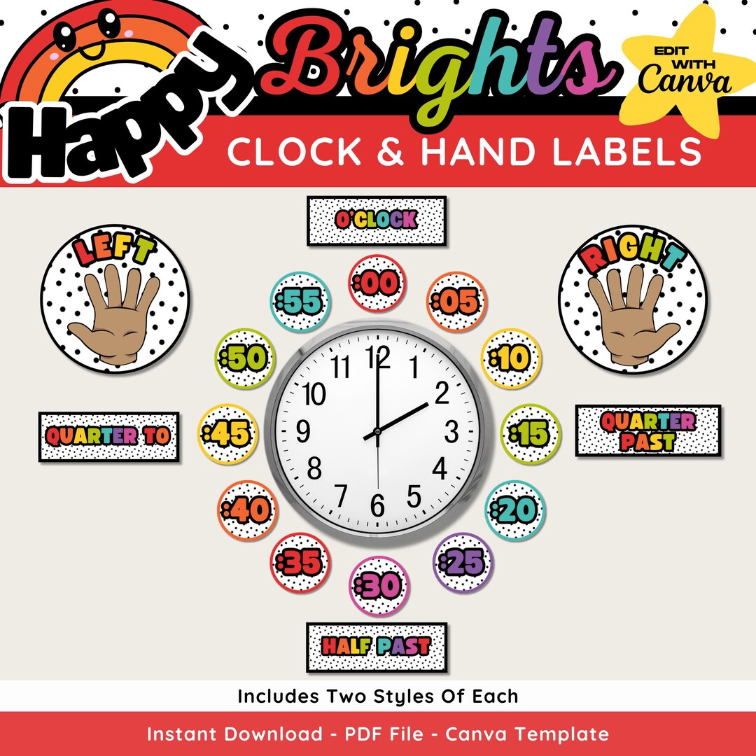 Rainbow Classroom Clock Labels, Printable & Editable Left and Right ...