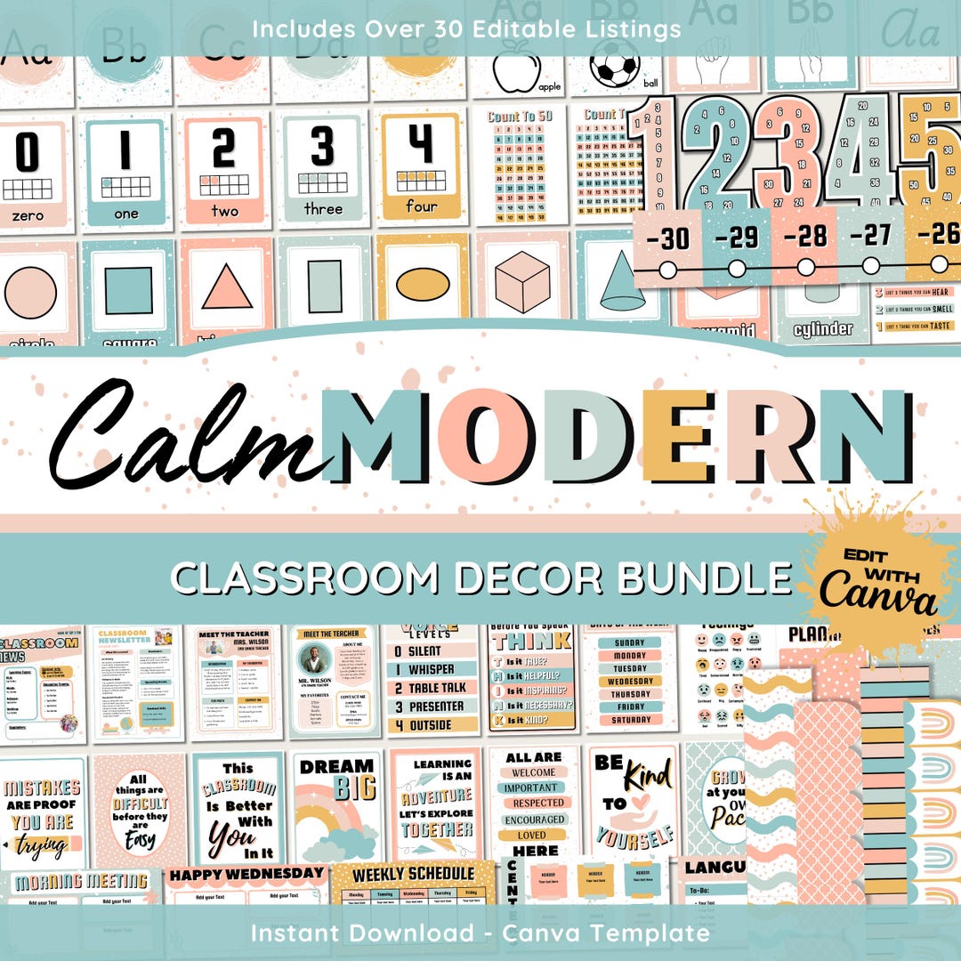Calm Modern Classroom Decor Bundle: Pastel Teacher Theme (canva ...