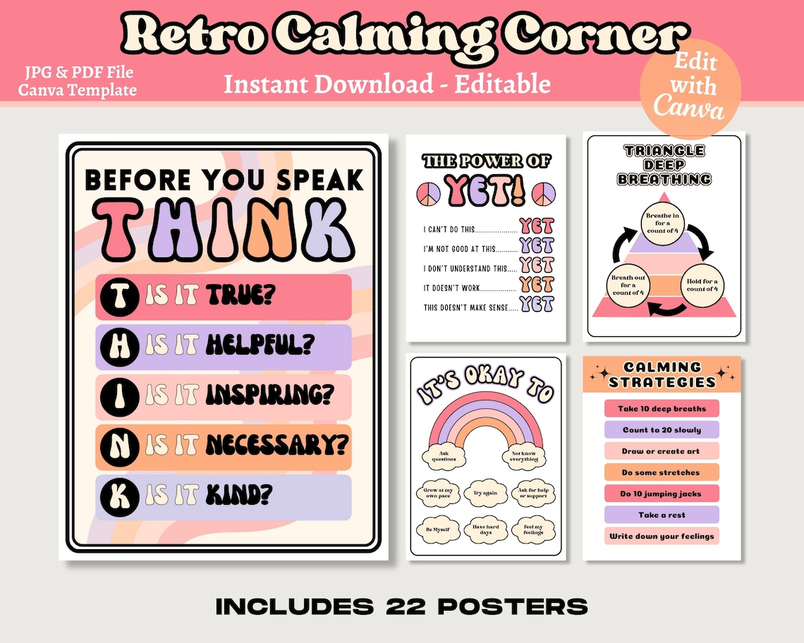 Calming Corner Posters, Kids Breathing Techniques, Printable & Editable ...