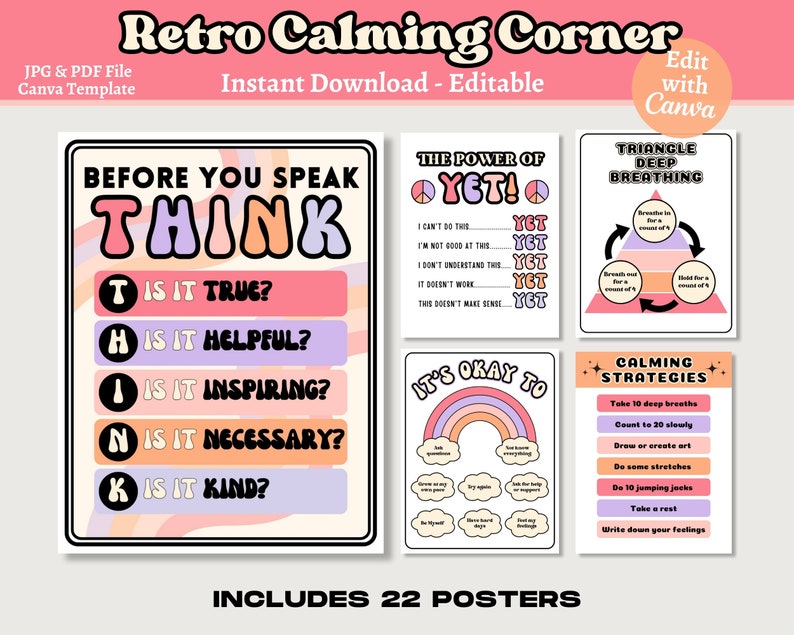 Calming Corner Posters, Kids Breathing Techniques, Printable & Editable ...