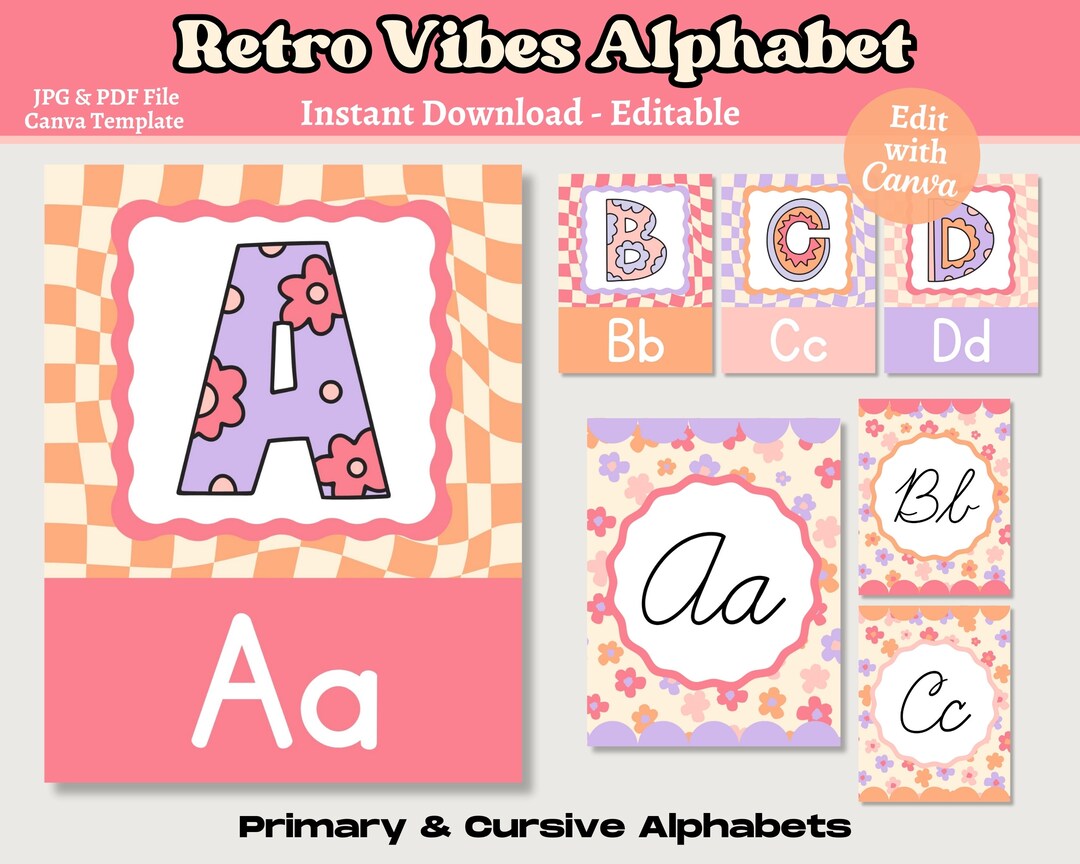 Retro Vibes Alphabet Bundle, Editable Retro A-Z Posters, Elementary ...