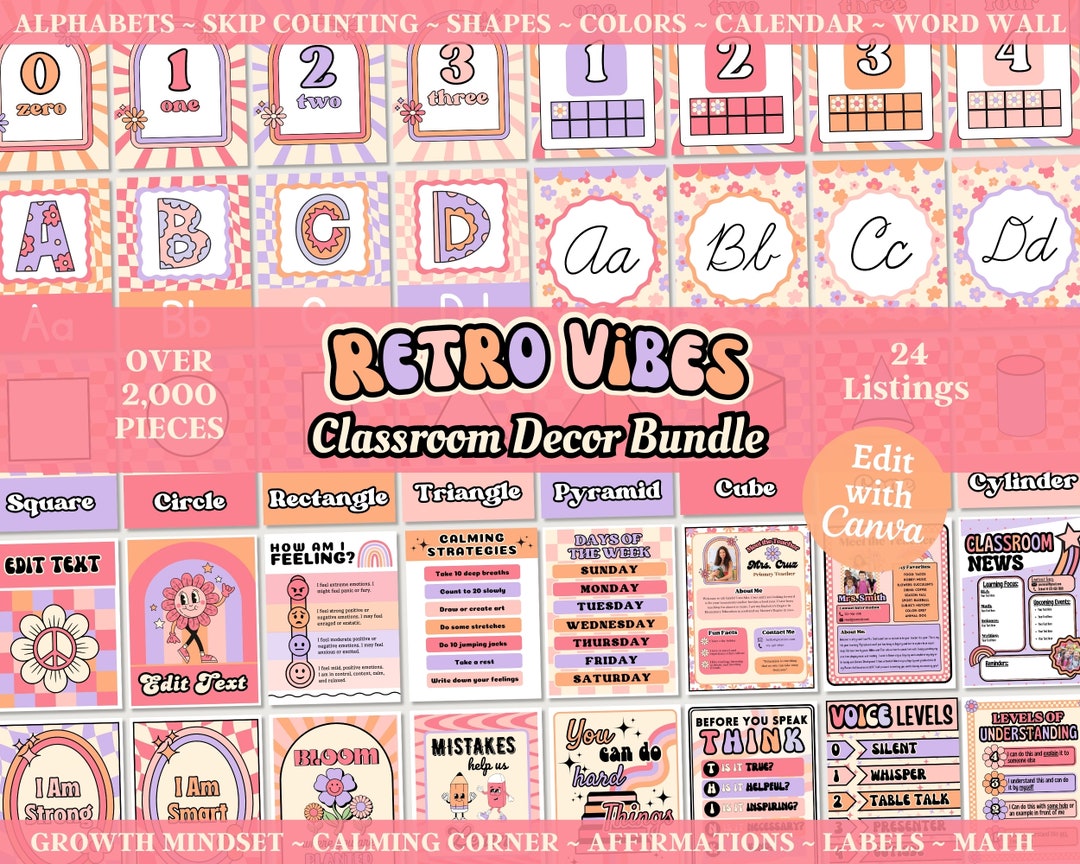 Retro Classroom Decor Bundle: Editable Teacher Templates (canva) - Etsy