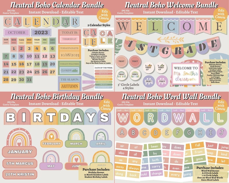 Boho Rainbow Classroom Decor Bundle: Teacher Printables (canva Template ...