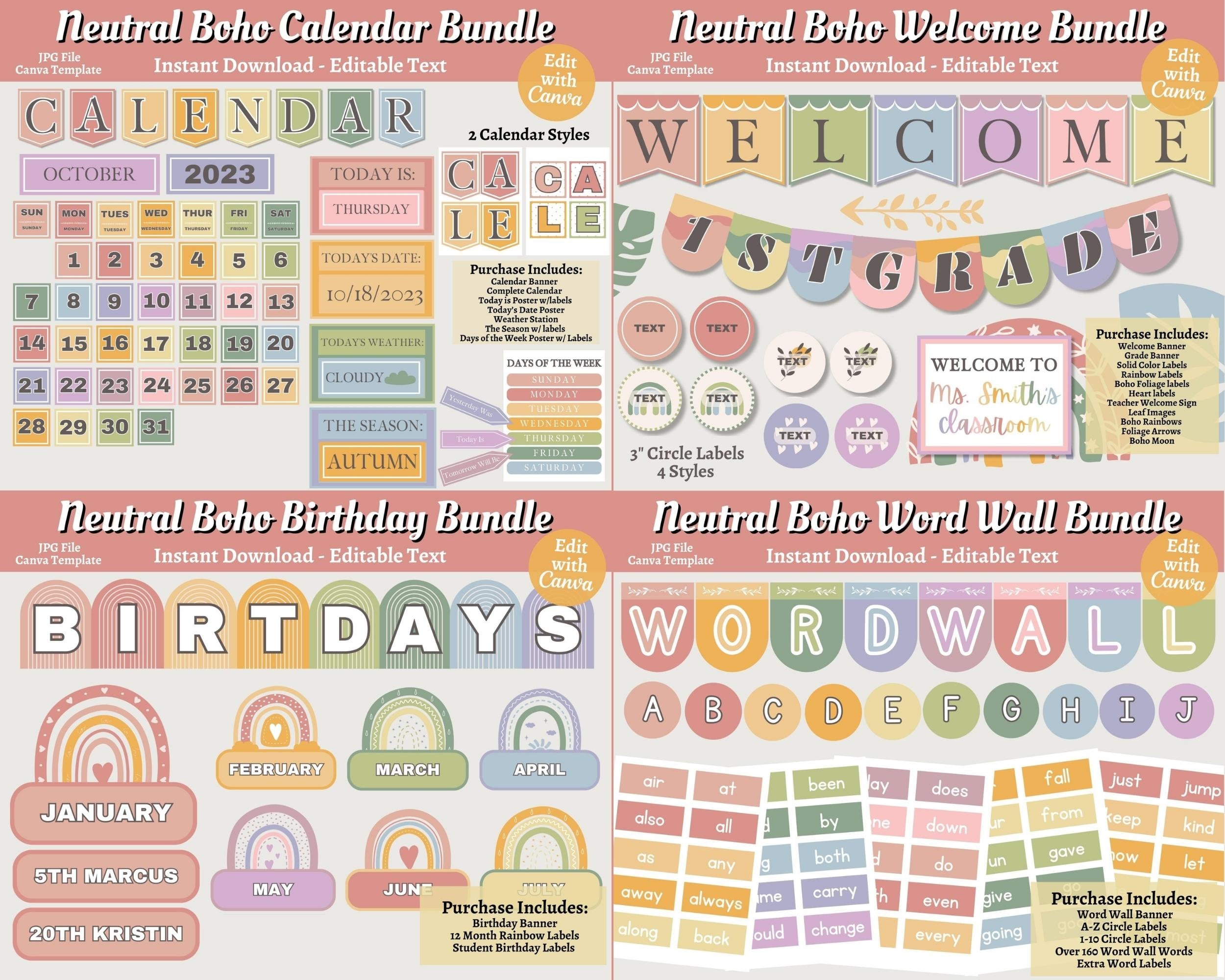 Boho Rainbow Editable Classroom Decor Bundle, Canva Template, Teacher ...
