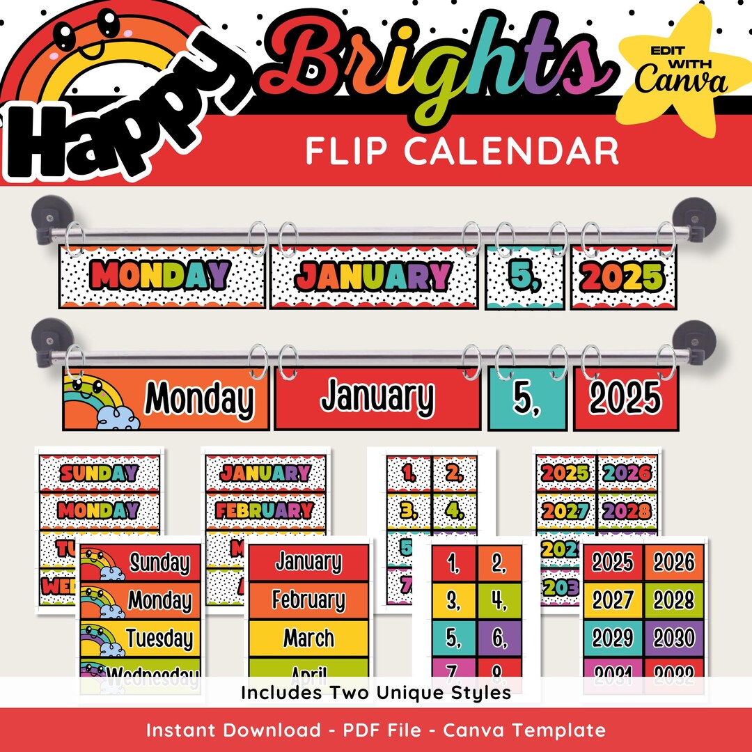 Rainbow Flip Calendar, Printable & Editable Hanging Calendar, Bold ...