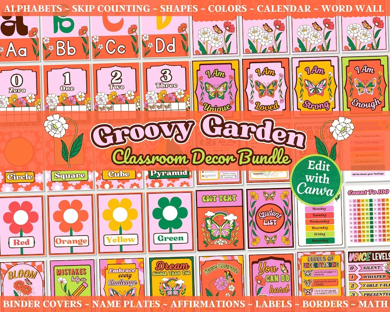 Groovy Garden Classroom Decor Bundle: Retro Floral Posters (canva ...