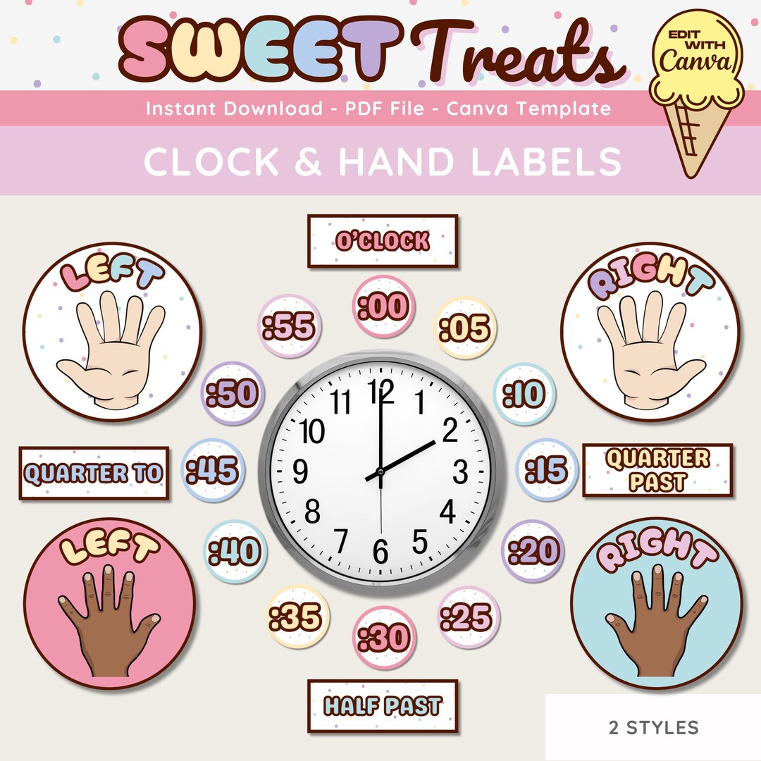 Pastel Clock and Left Right Hand Labels: Editable Classroom Decor ...