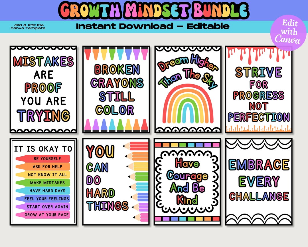 Bright Rainbow Growth Mindset Printable Posters, Editable Kids ...