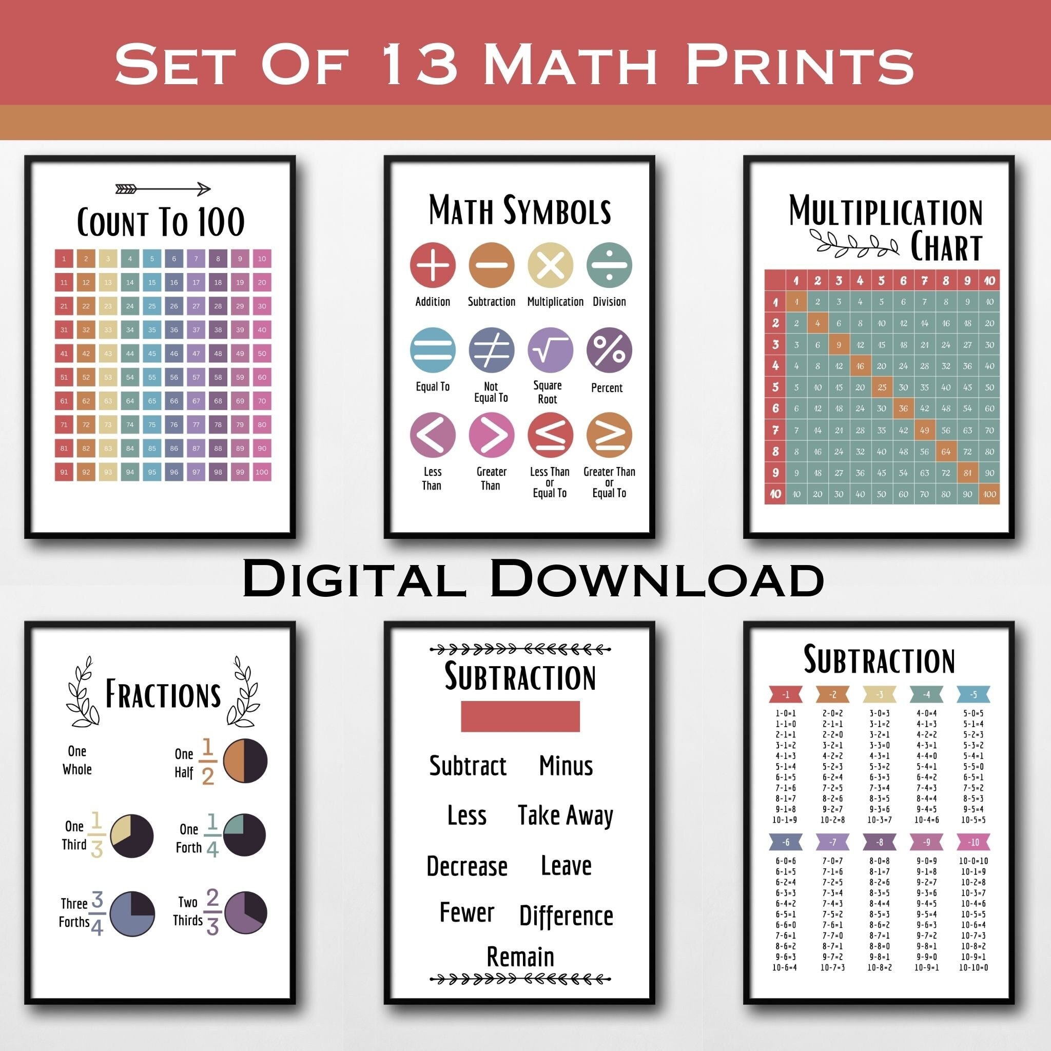 Boho Set of 13 Math Posters, Classroom Math Printables, Kids Math ...