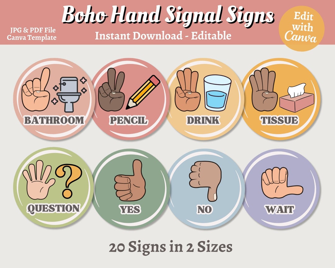 Boho Hand Signal Signs, Editable Teacher Posters, Boho Rainbow ...
