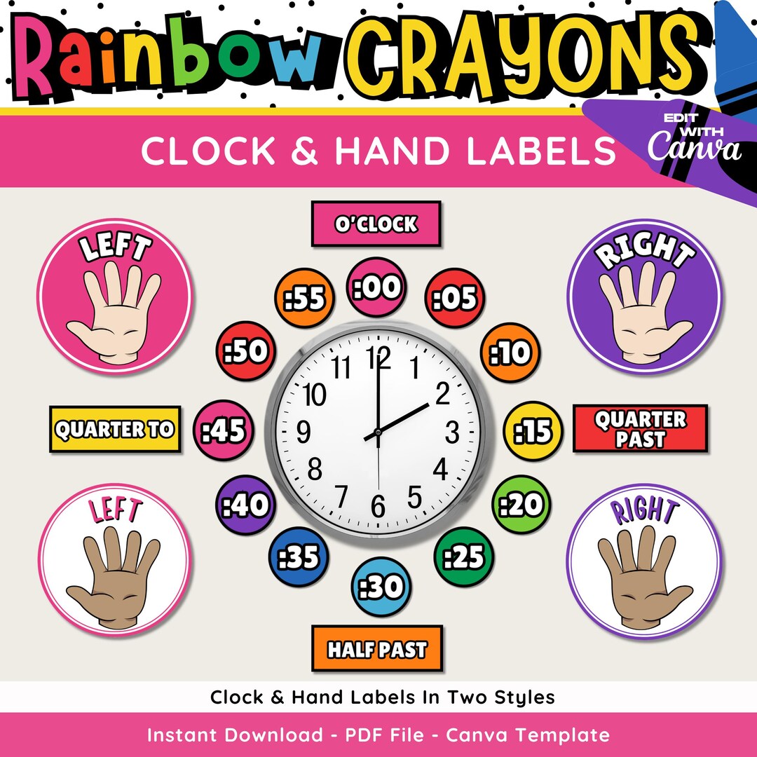 Rainbow Classroom Clock Labels, Printable & Editable Left Right Hand ...