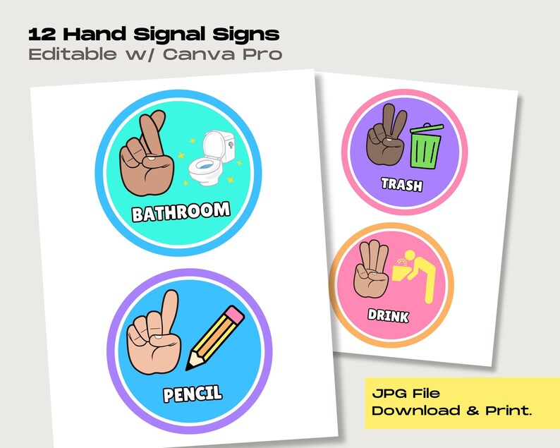 Pastel Hand Signal Signs: Classroom Decor, Editable Canva Template ...