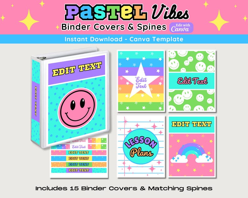 Editable Pastel Binder Covers & Spines, Printable Bright Happy Rainbow ...