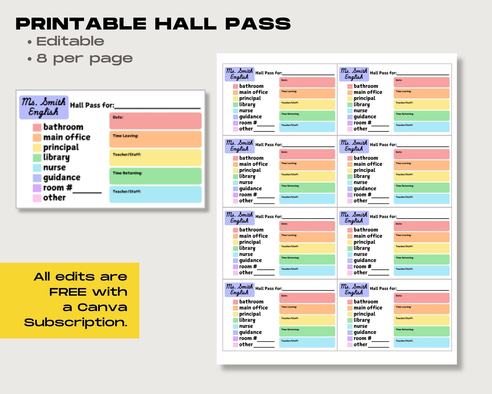 Printable Rainbow Teacher Hall Pass, Custom Editable Teacher Hall Pass ...