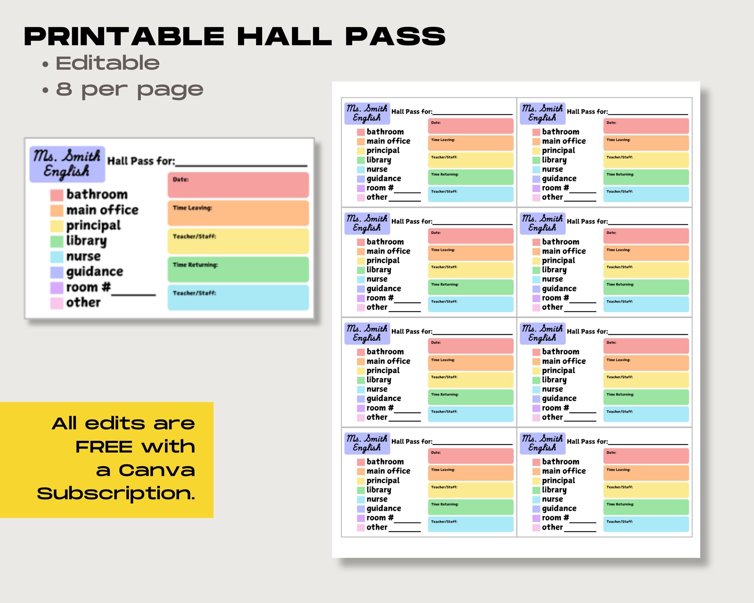 Printable Rainbow Teacher Hall Pass, Custom Editable Teacher Hall Pass ...