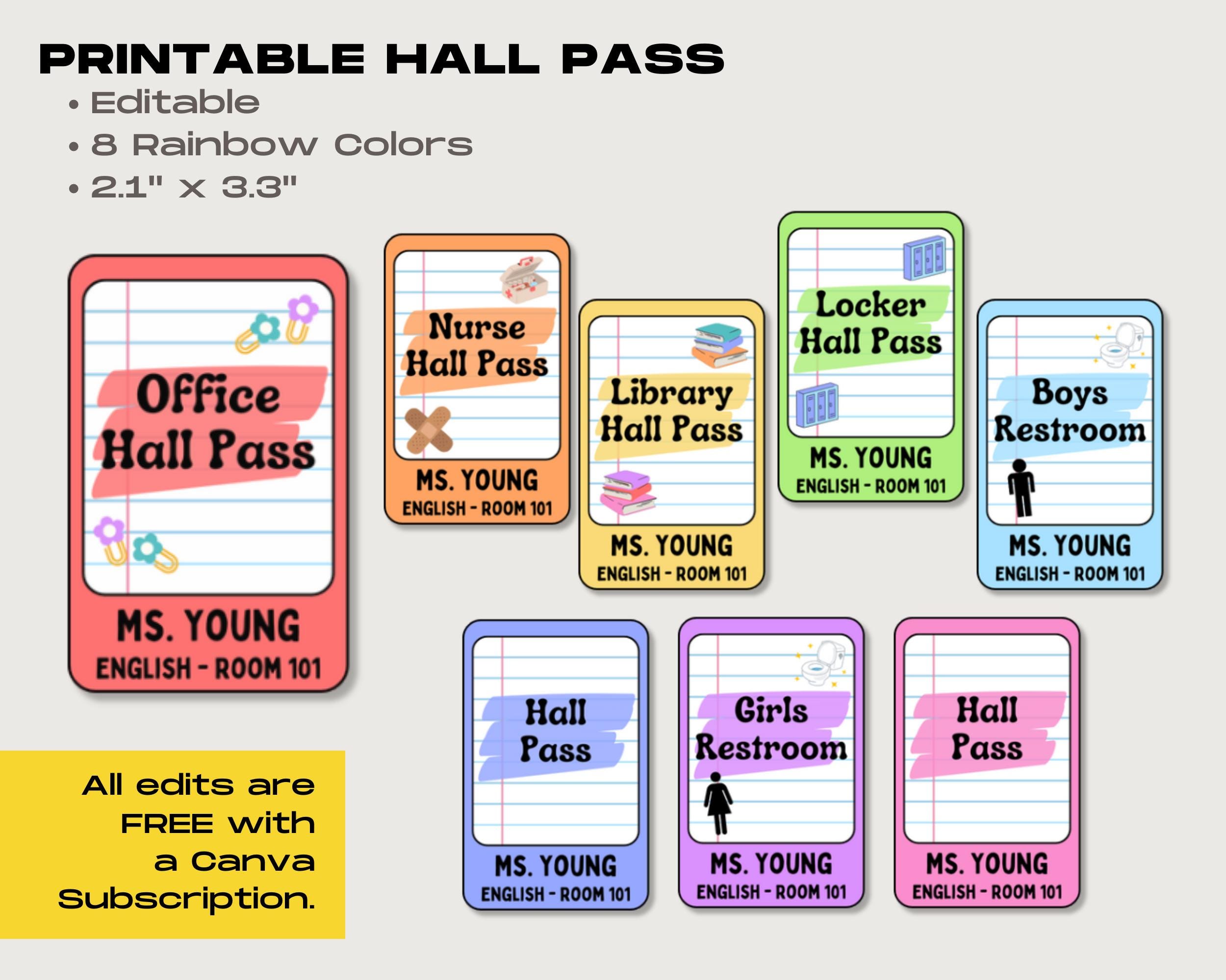 Printable Rainbow Teacher Hall Pass, Custom Editable Hall Passes for Lanyard, Rainbow Middle ...