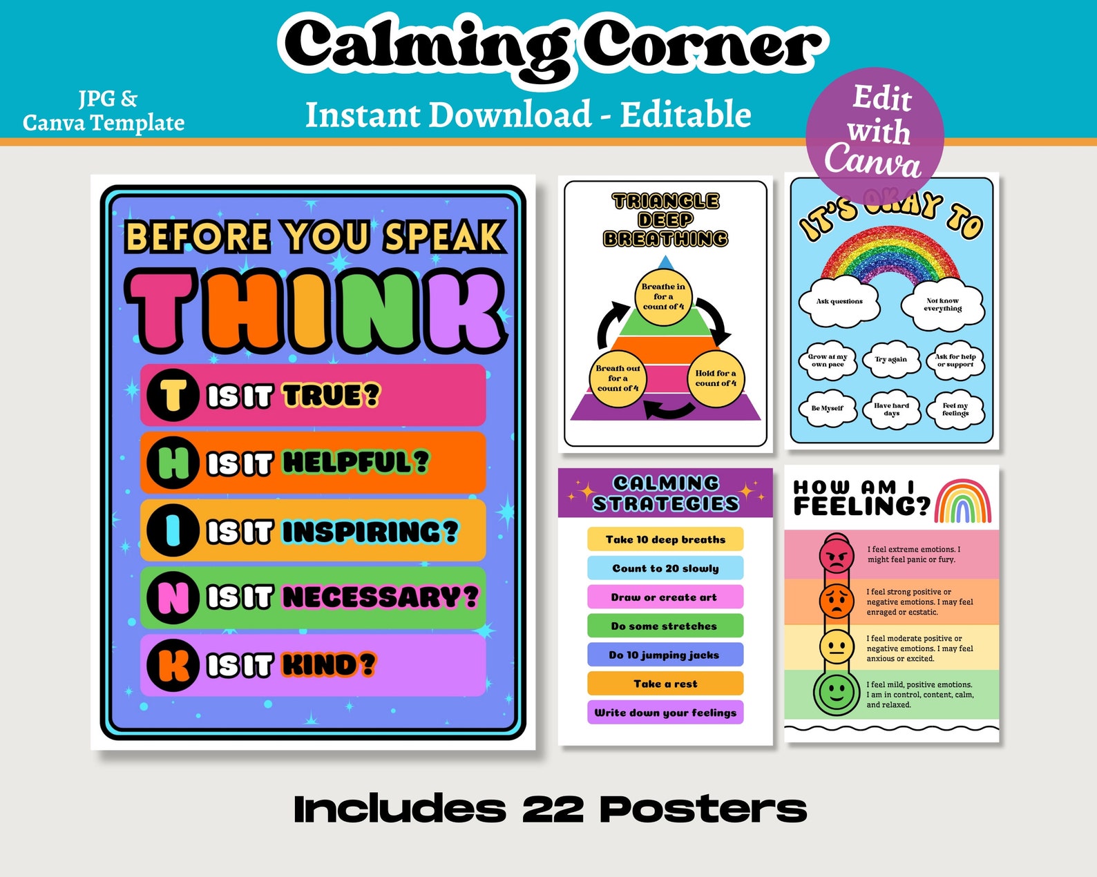 Glitter Calming Corner, Printable & Editable Growth Mindset, Breathing ...
