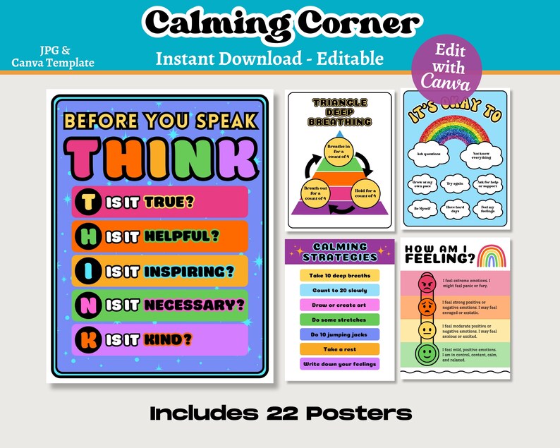 Glitter Calming Corner, Printable & Editable Growth Mindset, Breathing ...
