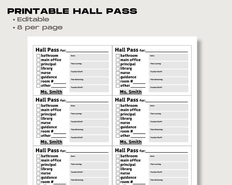 Editable Teacher Hall Pass: Printable School Staff Pass (canva Template ...