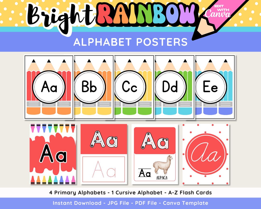 Rainbow Alphabet Posters: A-Z Flash Cards (canva Editable, Digital ...