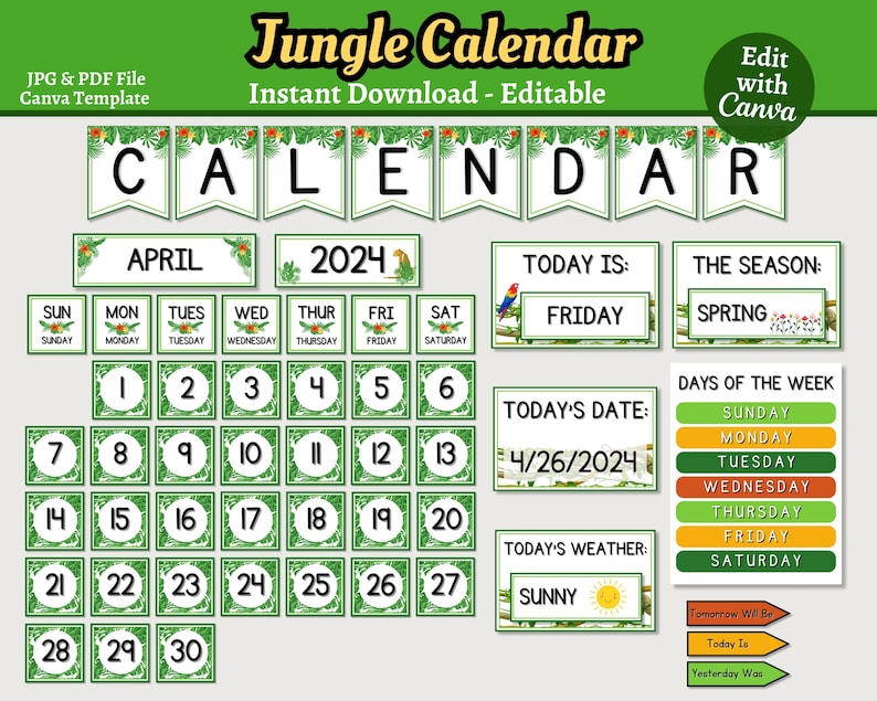 Jungle Calendar Bundle: Editable Classroom Decor (canva Template) - Etsy