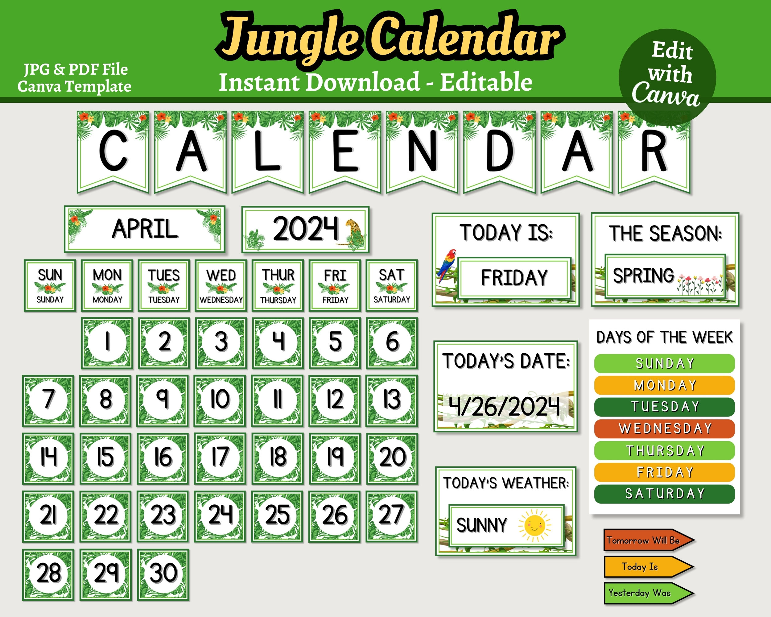 Jungle Calendar Bundle: Editable Classroom Decor (canva Template) - Etsy