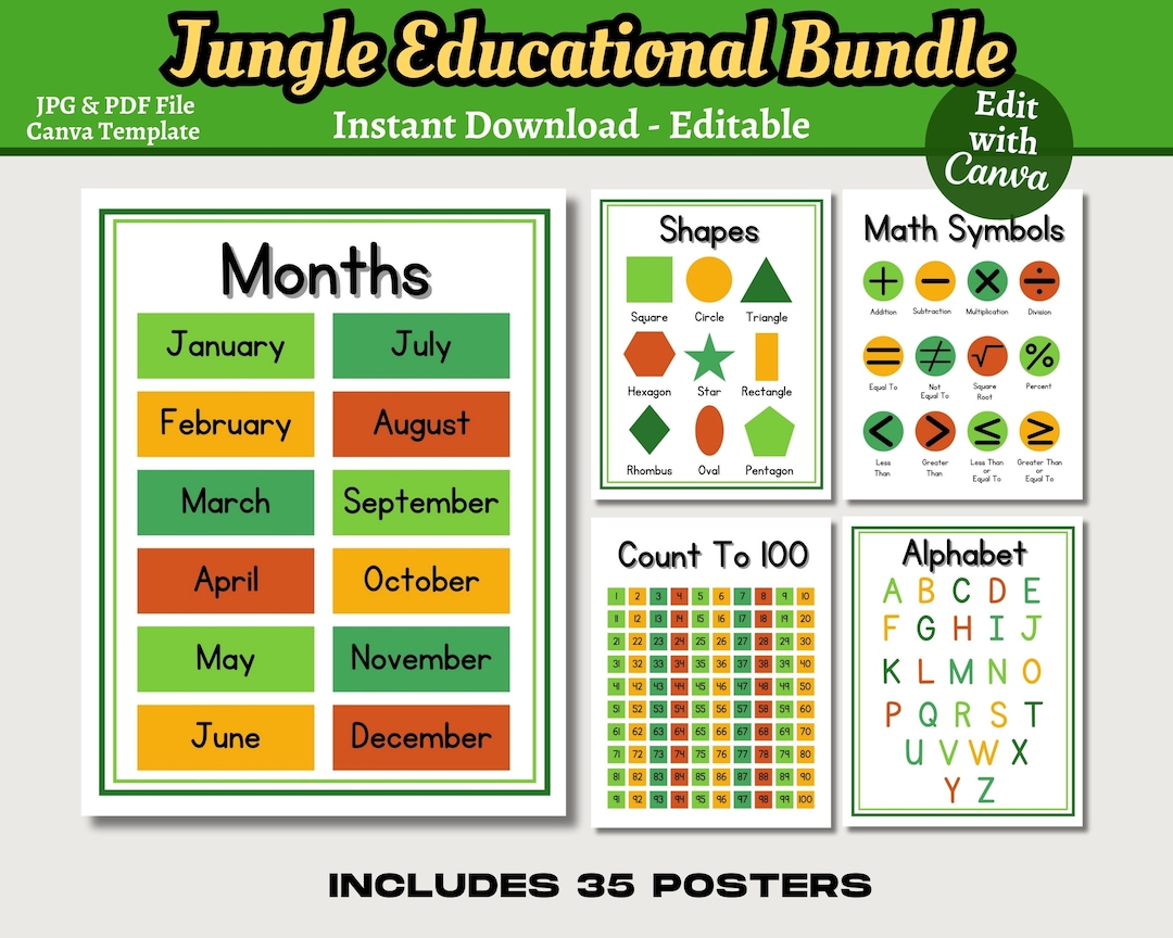 Jungle Theme Educational Posters Bundle: Math, Shapes, Alphabet (canva ...