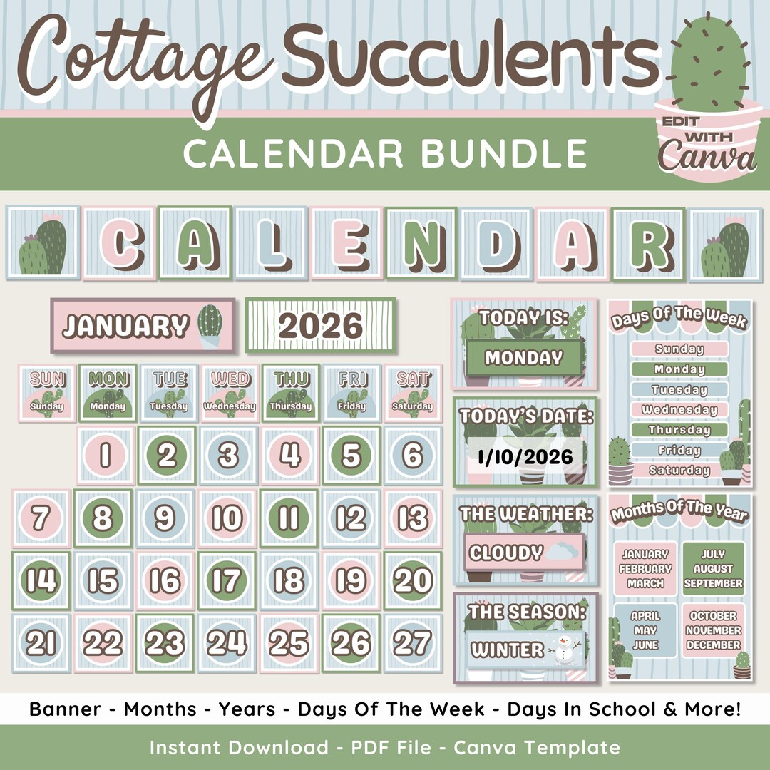 Succulent Classroom Calendar Bundle: Editable Cottage Decor (digital ...