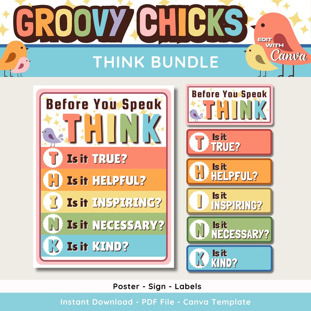 Retro Chicks THINK Display, Printable & Editable Before You Speak Think ...