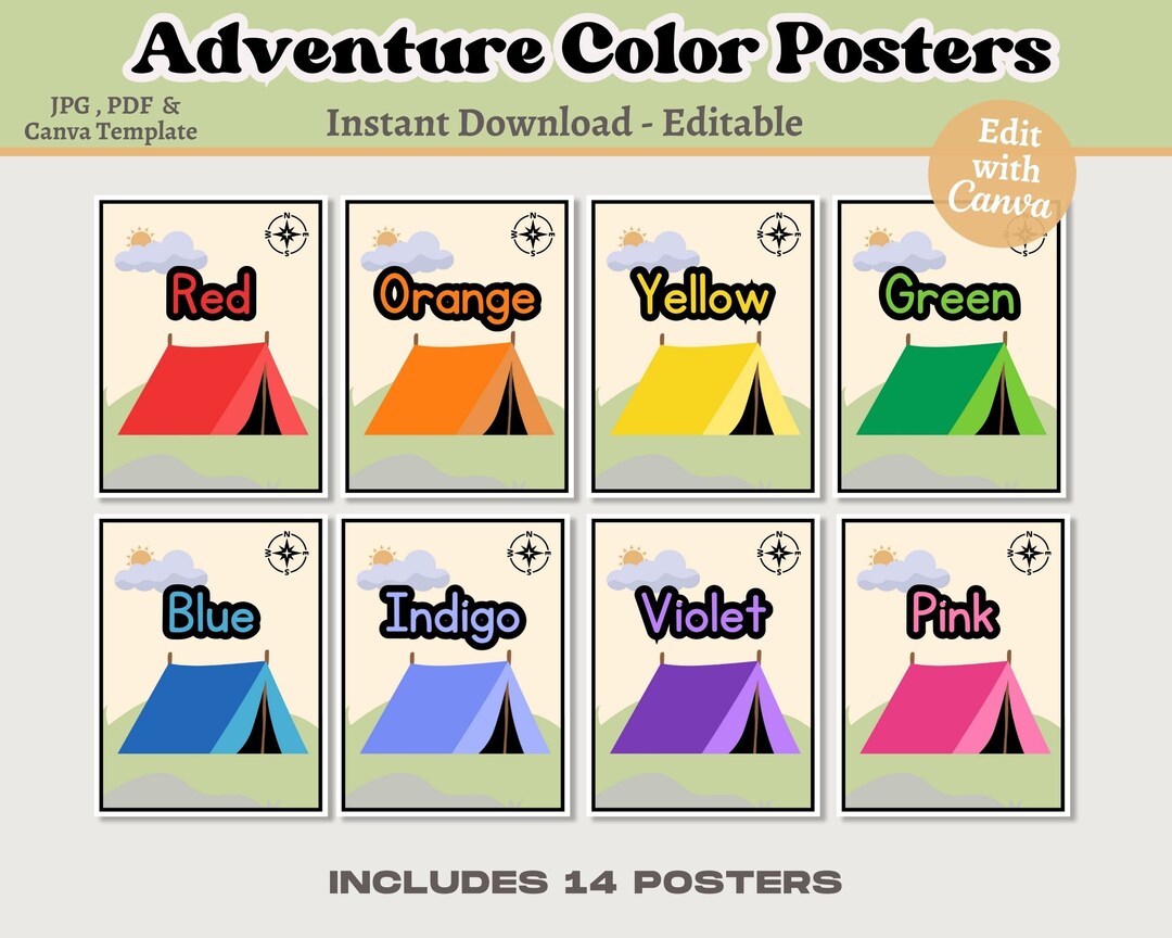 Adventure Color Posters, Printable & Editable 12 Basic Colors, Outdoors ...