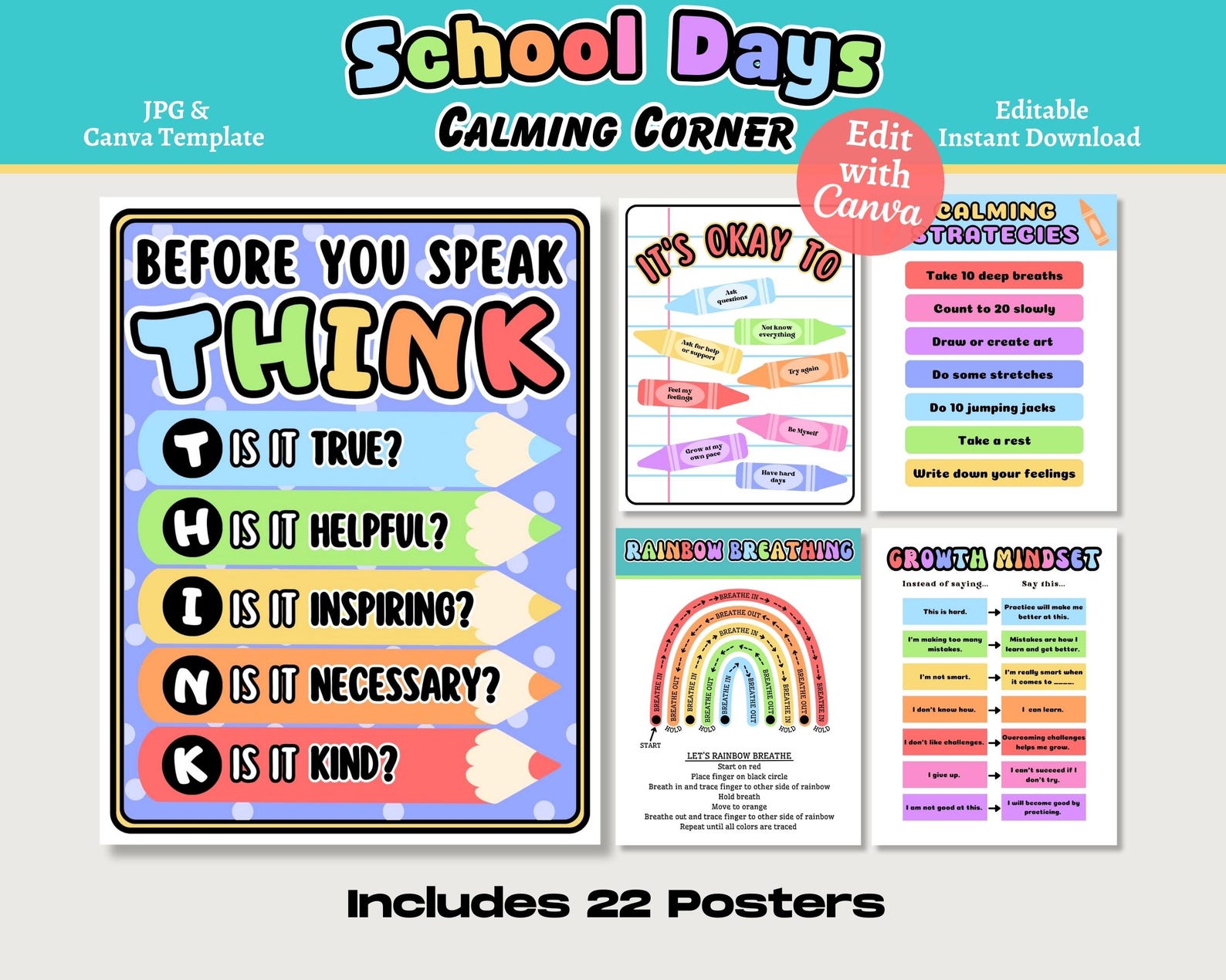 Rainbow Calming Corner Posters, Printable & Editable Breathing ...