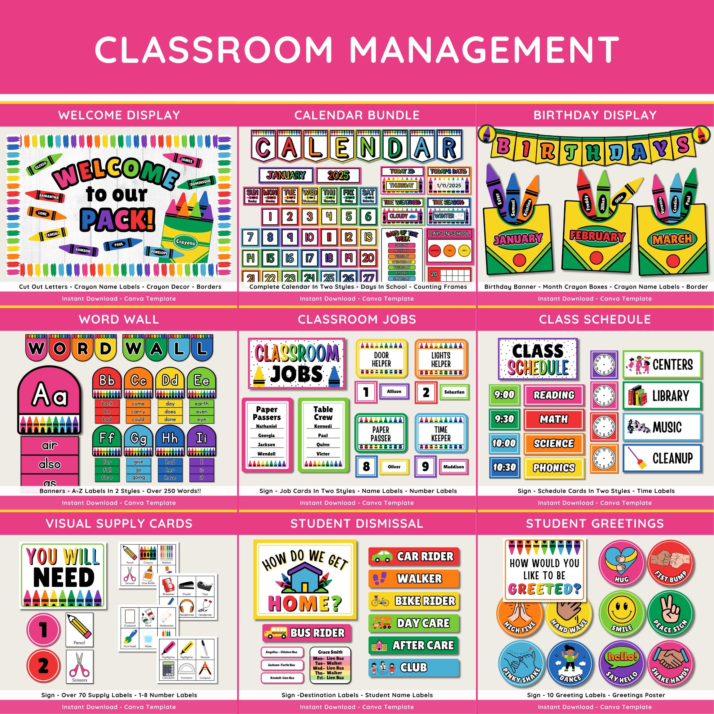 Rainbow Crayon Classroom Decor Bundle: Editable Teacher Templates ...