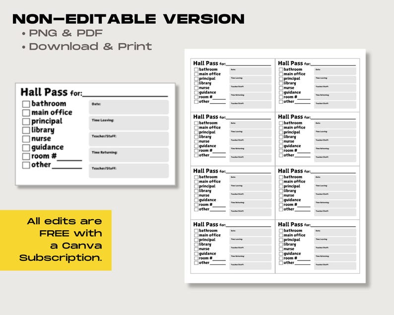 Editable Teacher Hall Pass: Printable School Staff Pass (canva Template ...